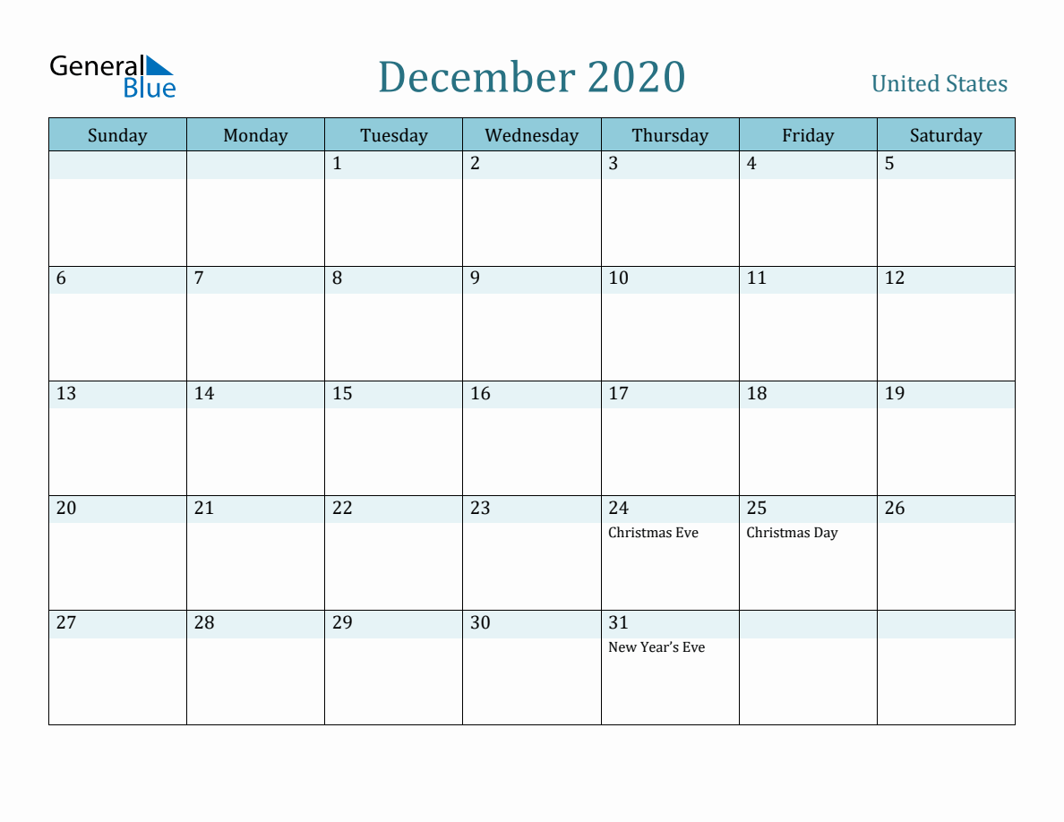 United States Holiday Calendar for December 2020