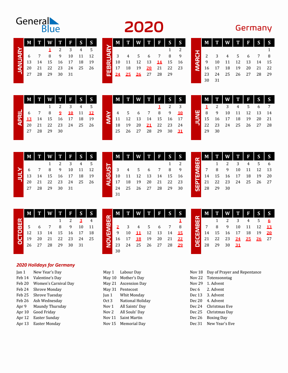 Germany 2020 Yearly Calendar Downloadable
