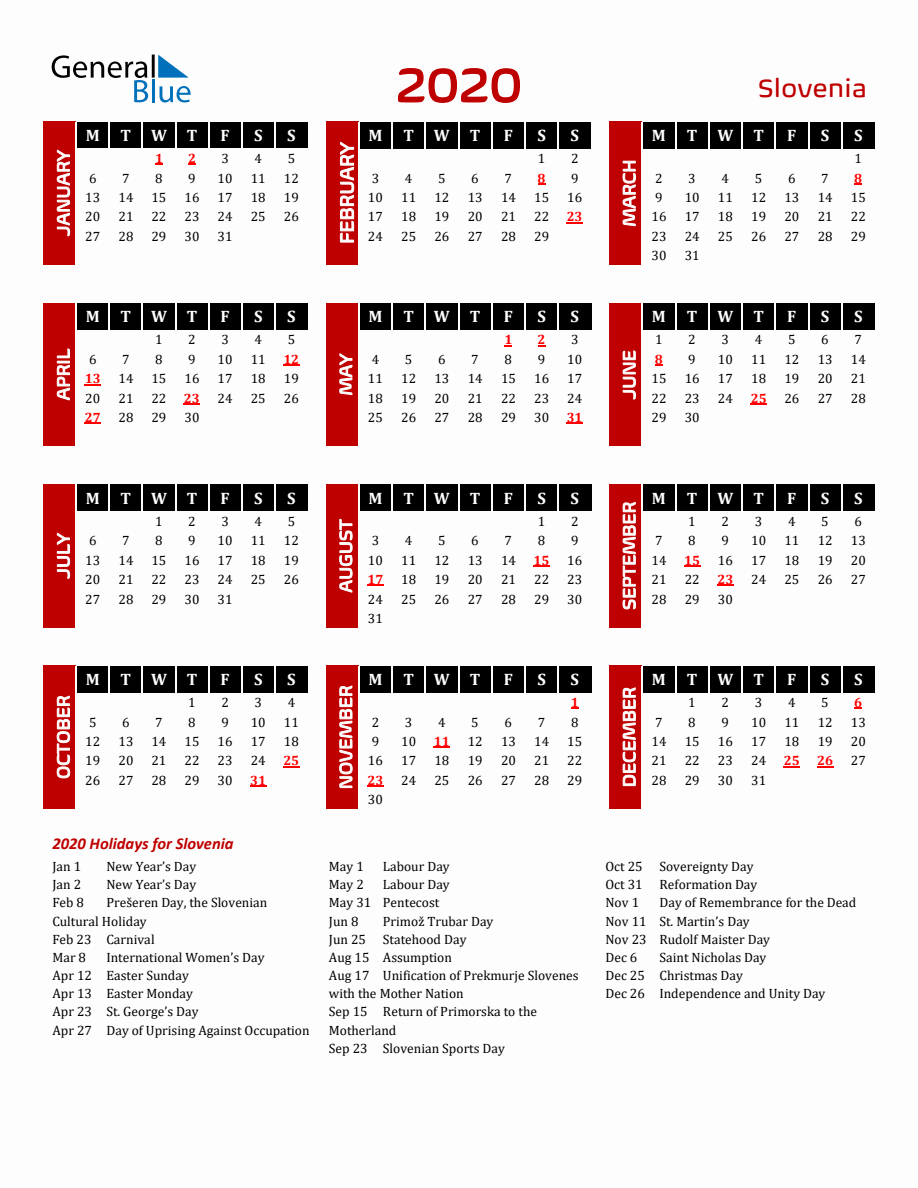 Slovenia 2020 Yearly Calendar Downloadable - Monday Start