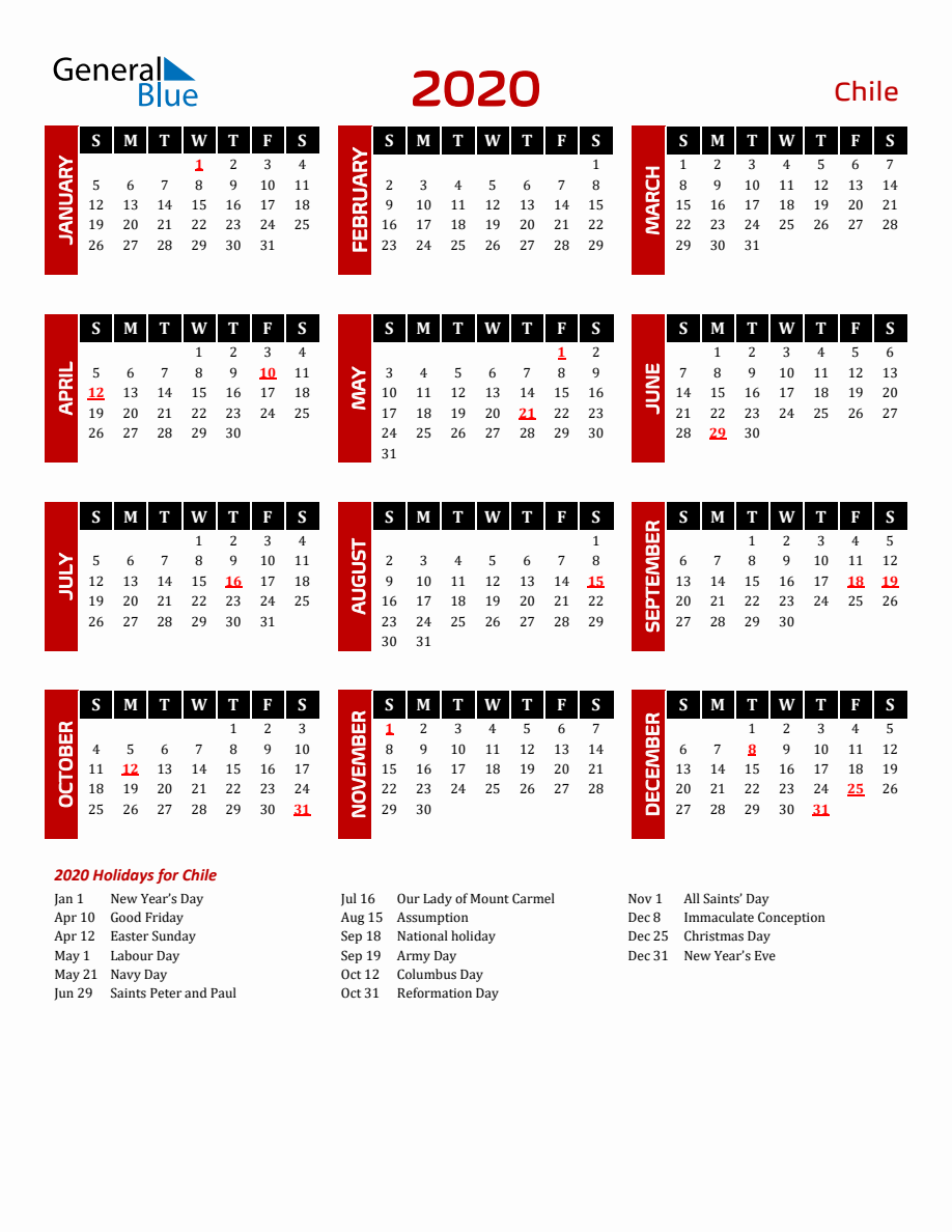 Chile 2020 Yearly Calendar Downloadable