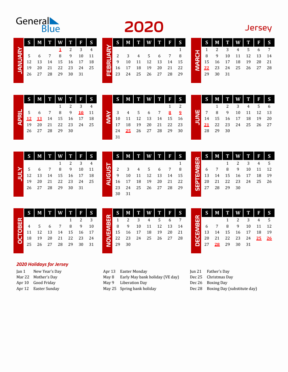 Jersey 2020 Yearly Calendar Downloadable