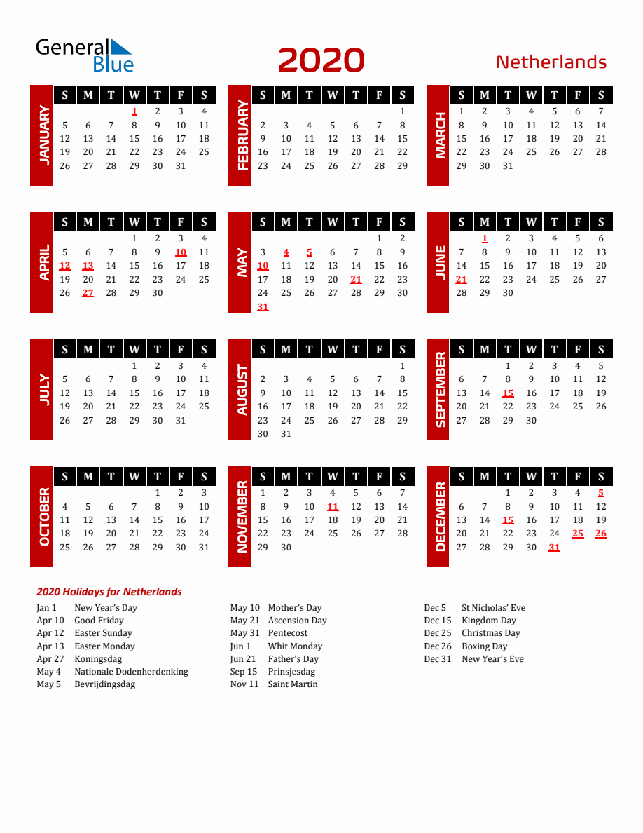 The Netherlands 2020 Yearly Calendar Downloadable