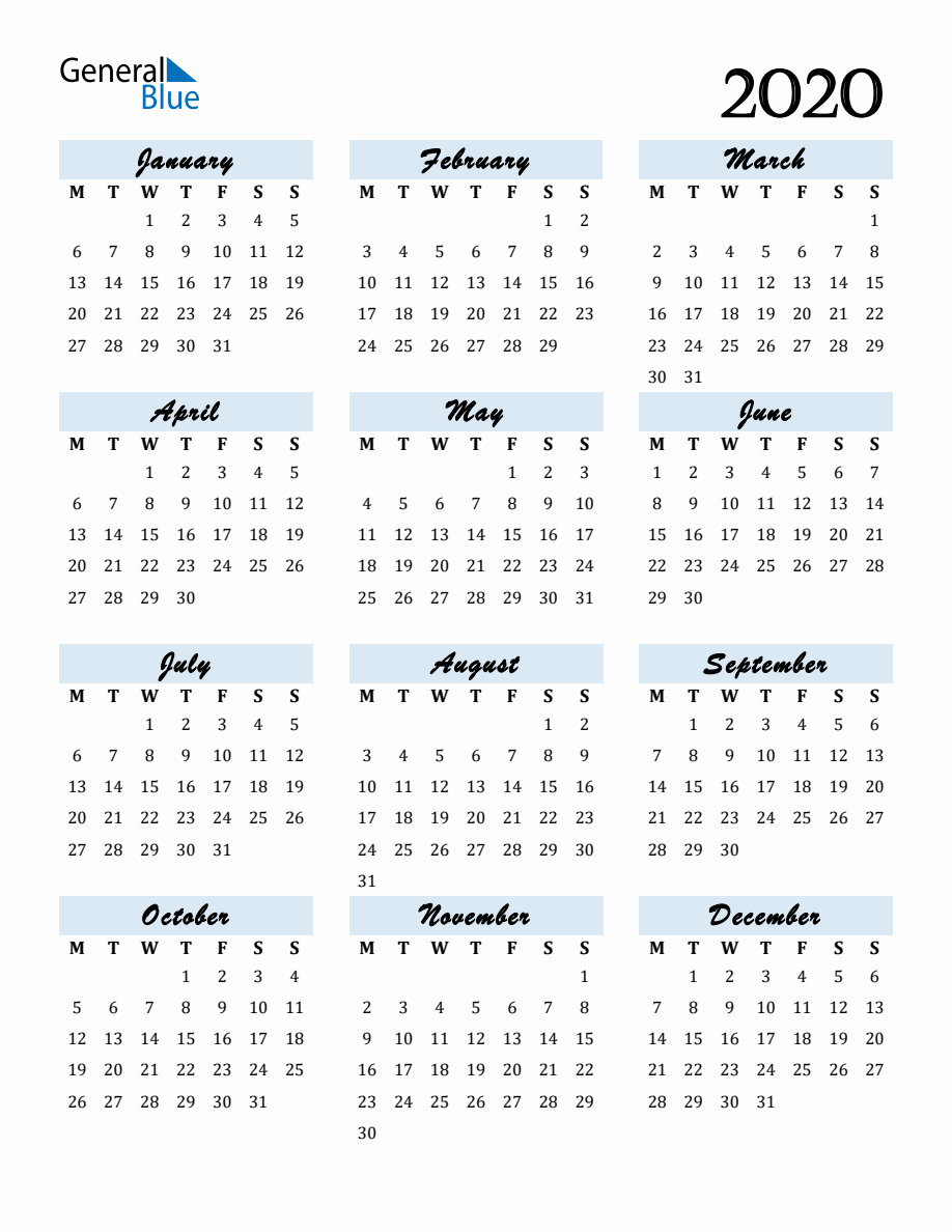 Free Downloadable Calendar for Year 2020 with Monday Start