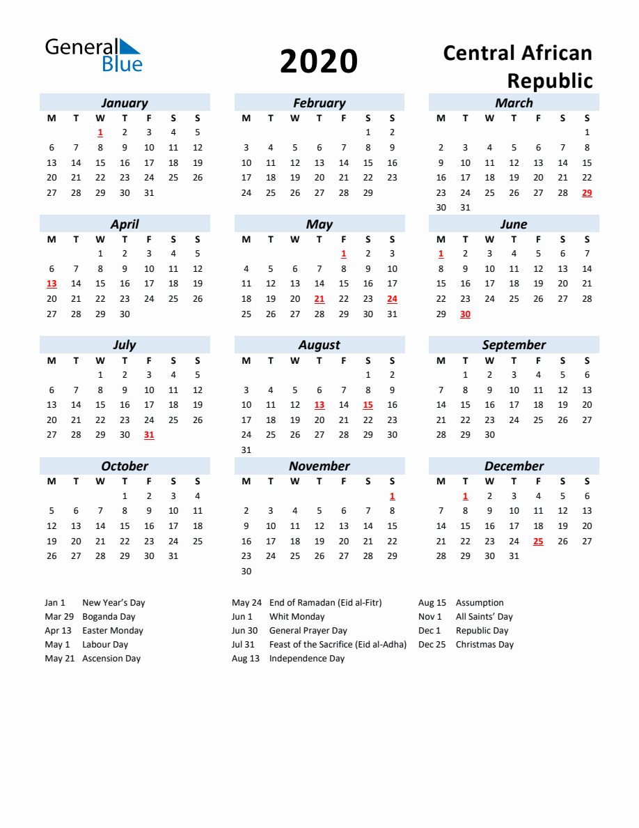 2020 Yearly Calendar for Central African Republic with Holidays