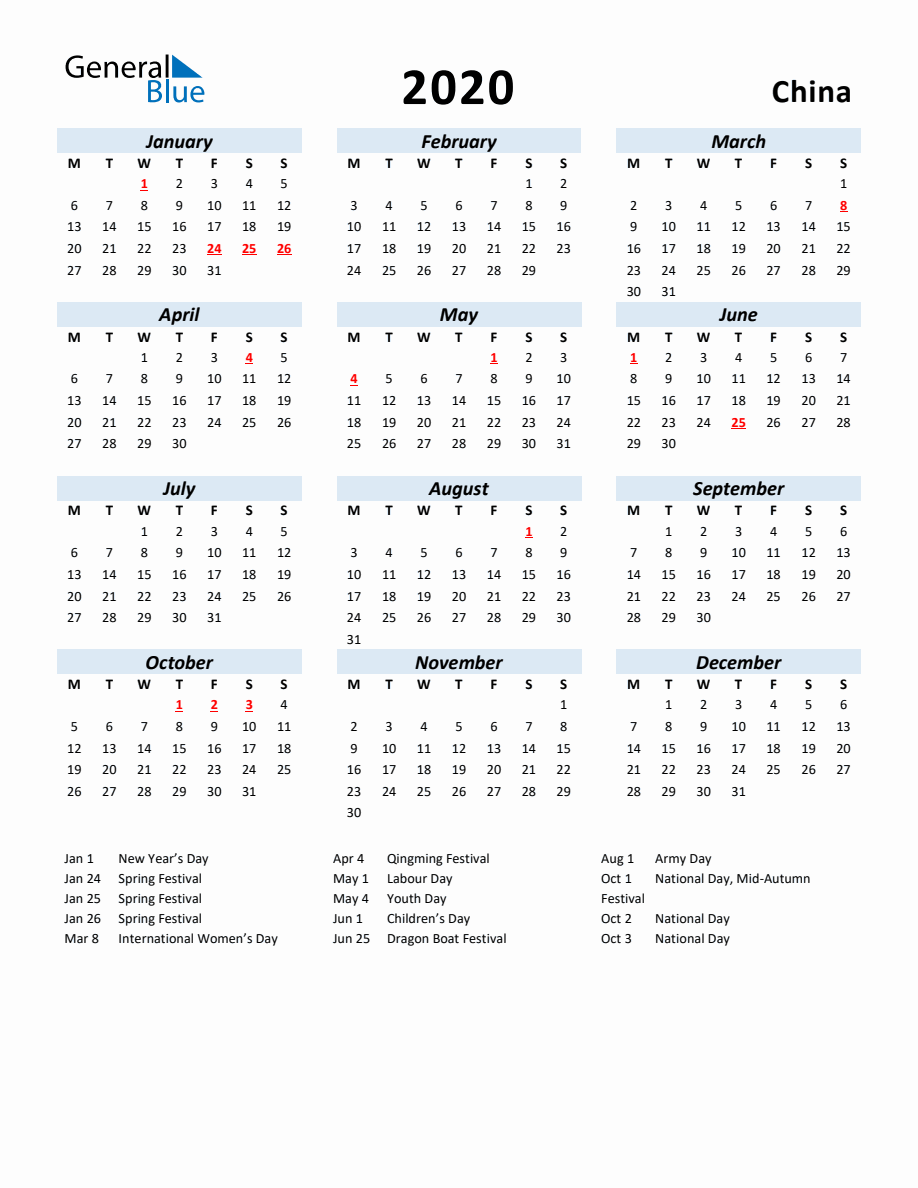 2020 Yearly Calendar for China with Holidays - Monday Start