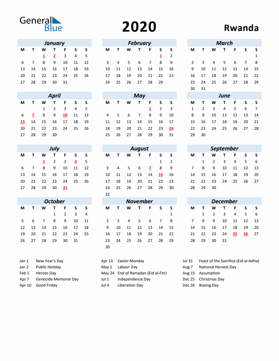 2020 Yearly Calendar for Rwanda with Holidays - Monday Start