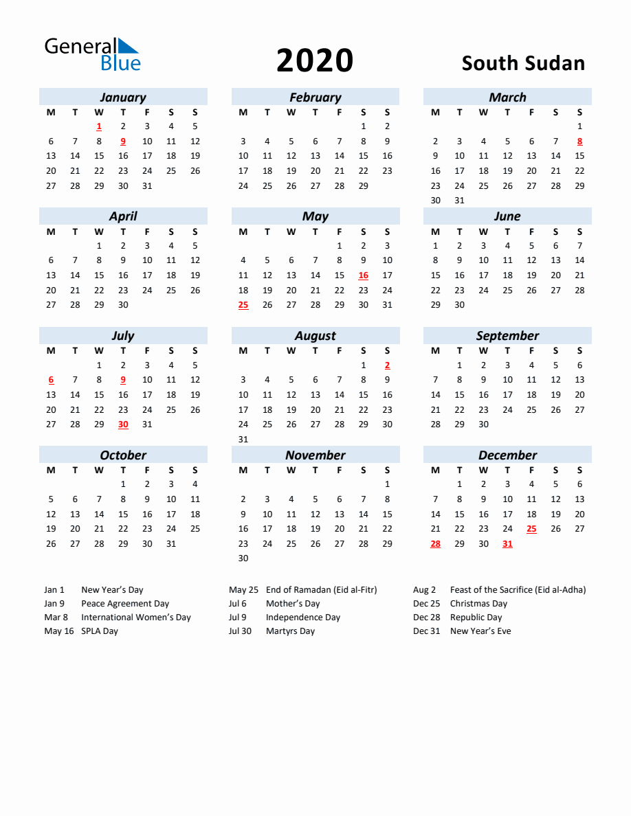 2020 Yearly Calendar for South Sudan with Holidays - Monday Start