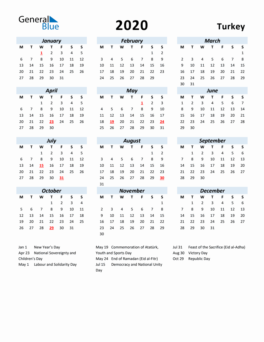 2020 Yearly Calendar for Turkey with Holidays - Monday Start