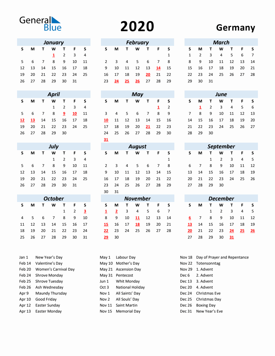 2020 Yearly Calendar for Germany with Holidays