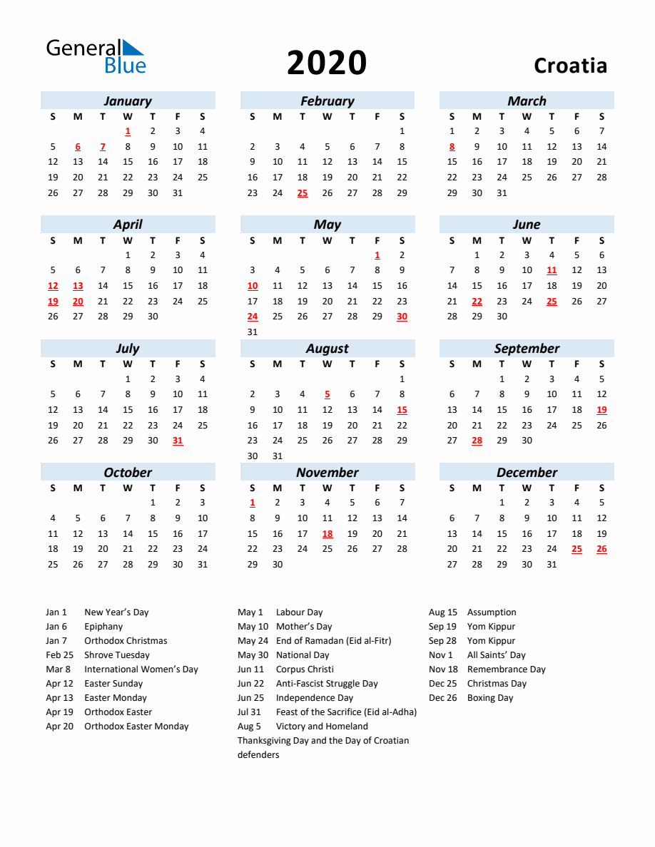 2020 Yearly Calendar for Croatia with Holidays