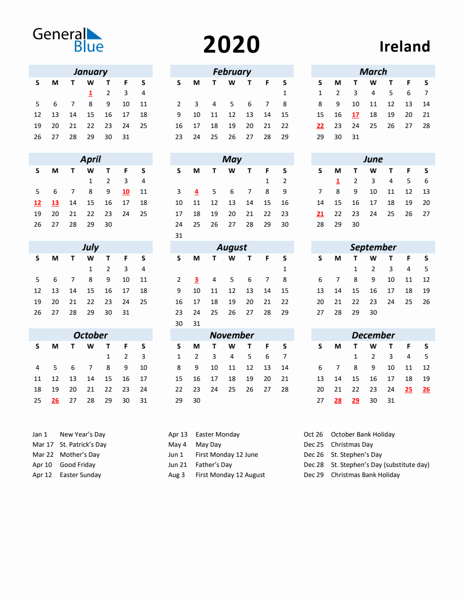 2020 Yearly Calendar for Ireland with Holidays