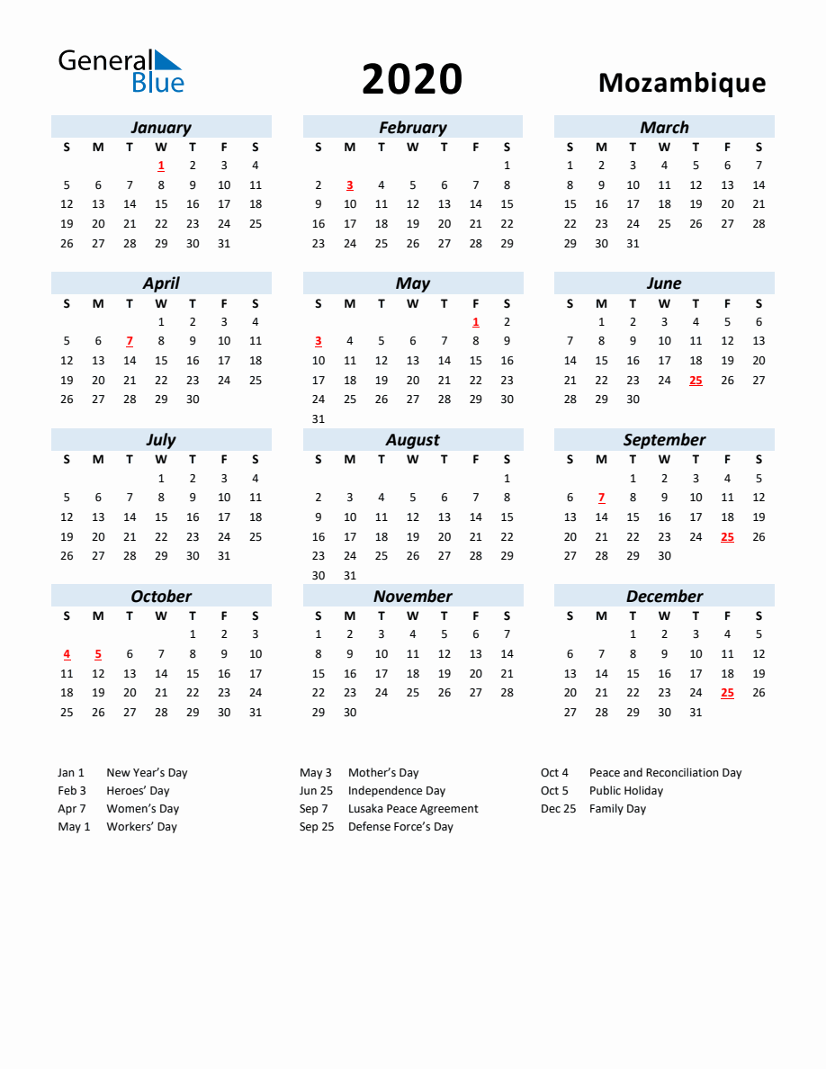 2020 Yearly Calendar for Mozambique with Holidays