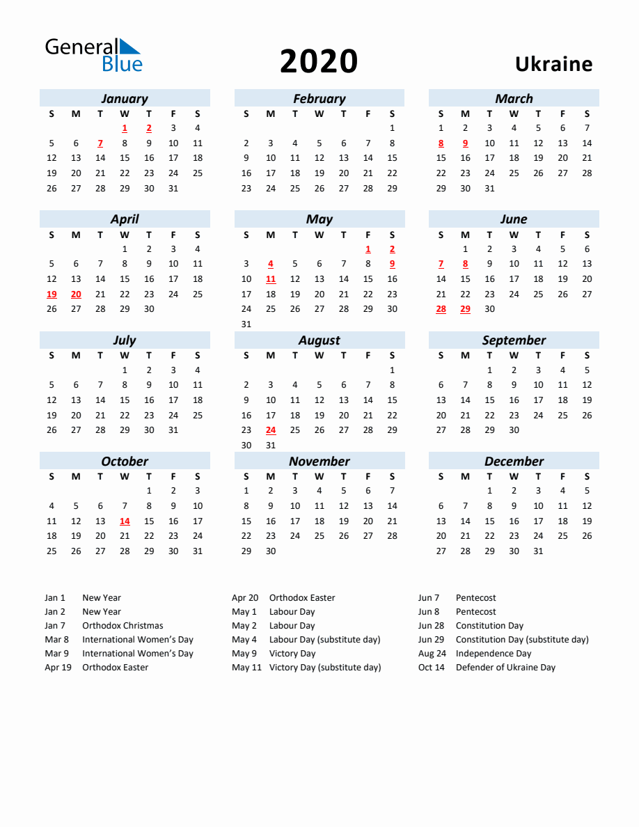 2020 Yearly Calendar for Ukraine with Holidays