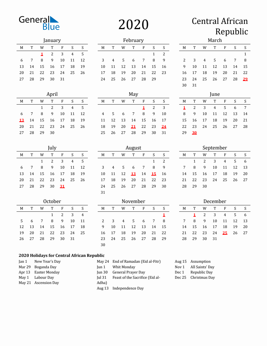 Free Central African Republic Holidays Calendar for Year 2020