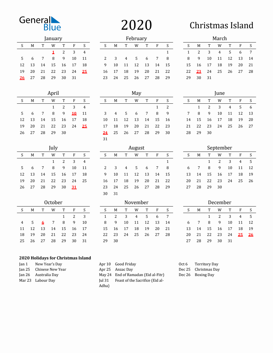 Free Christmas Island Holidays Calendar for Year 2020