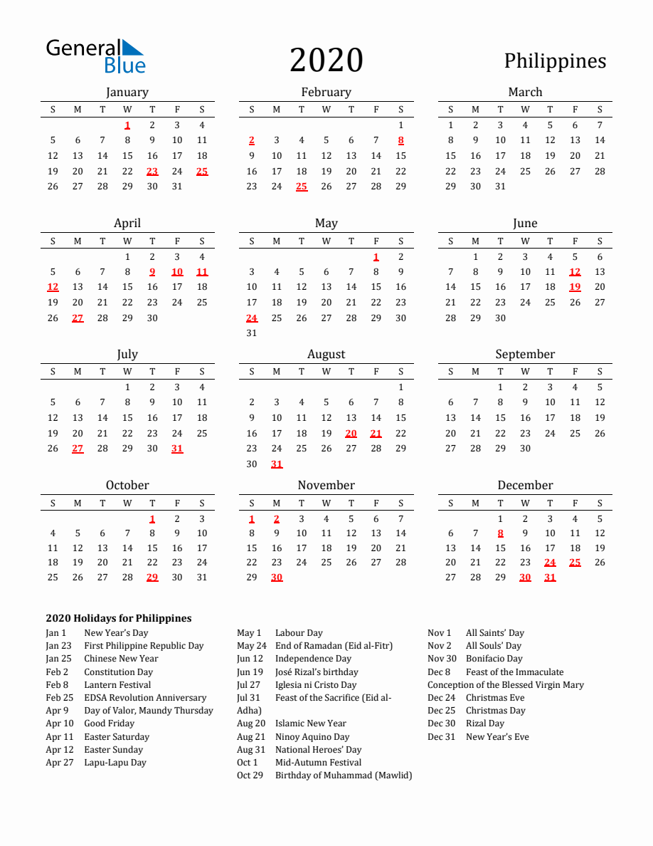 Free Philippines Holidays Calendar for Year 2020