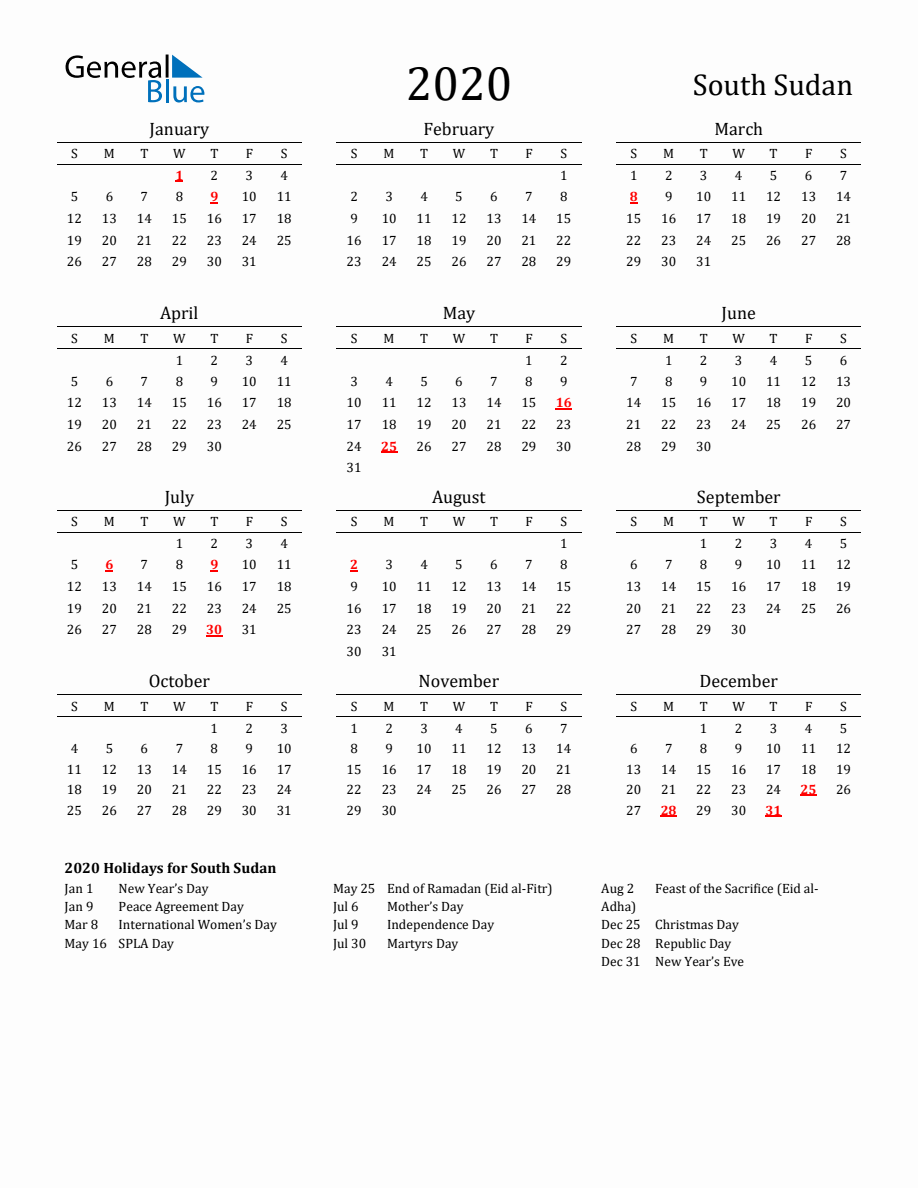 Free South Sudan Holidays Calendar for Year 2020