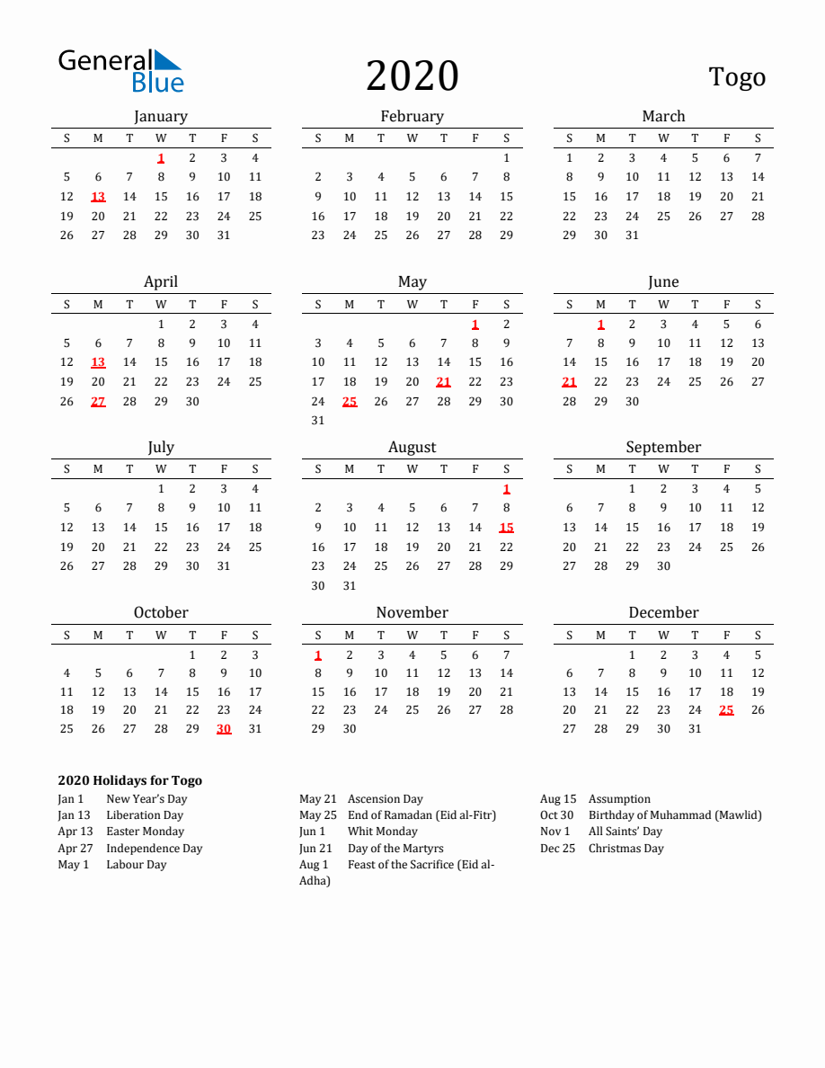 Free Togo Holidays Calendar for Year 2020
