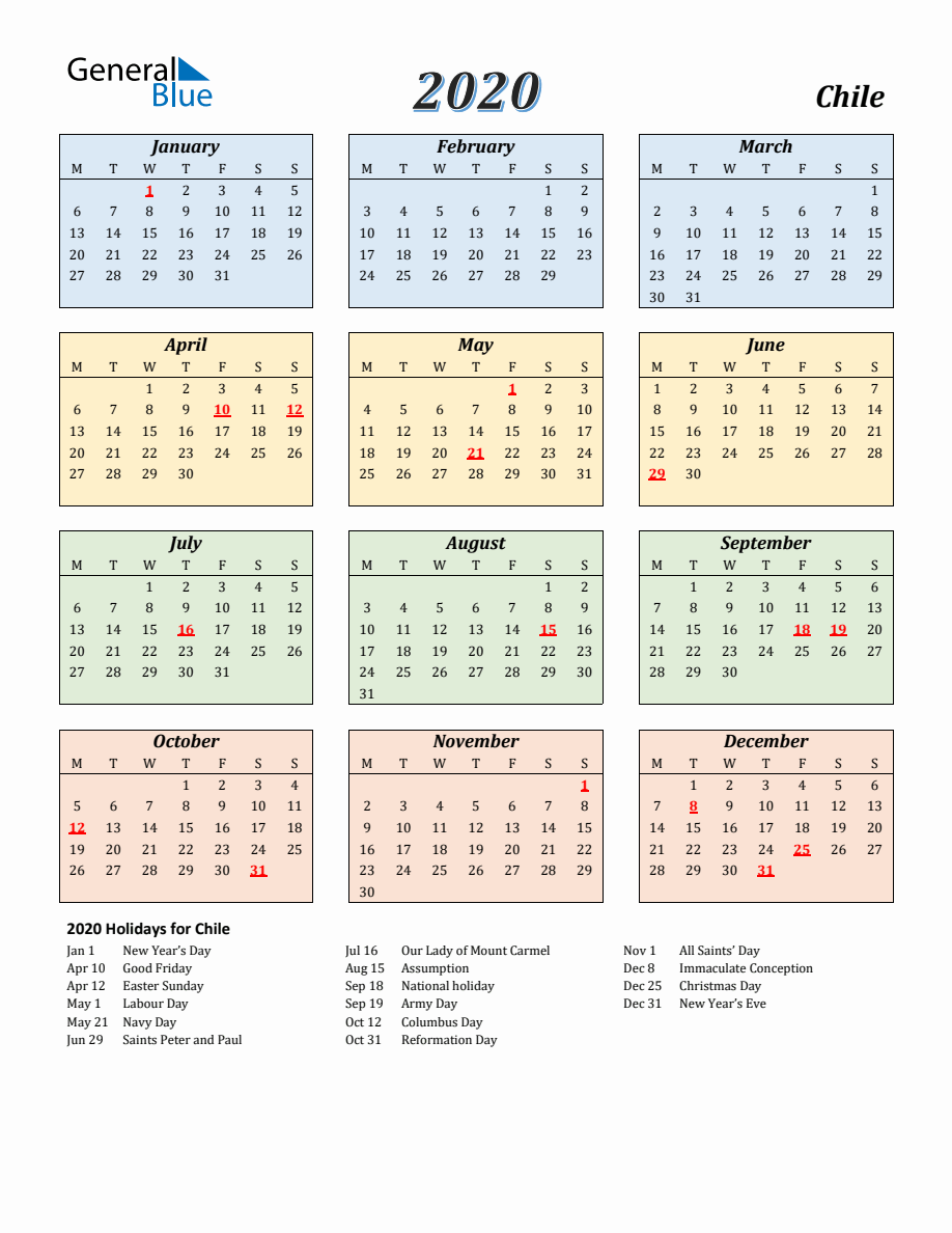 2020 Chile Calendar with Monday Start