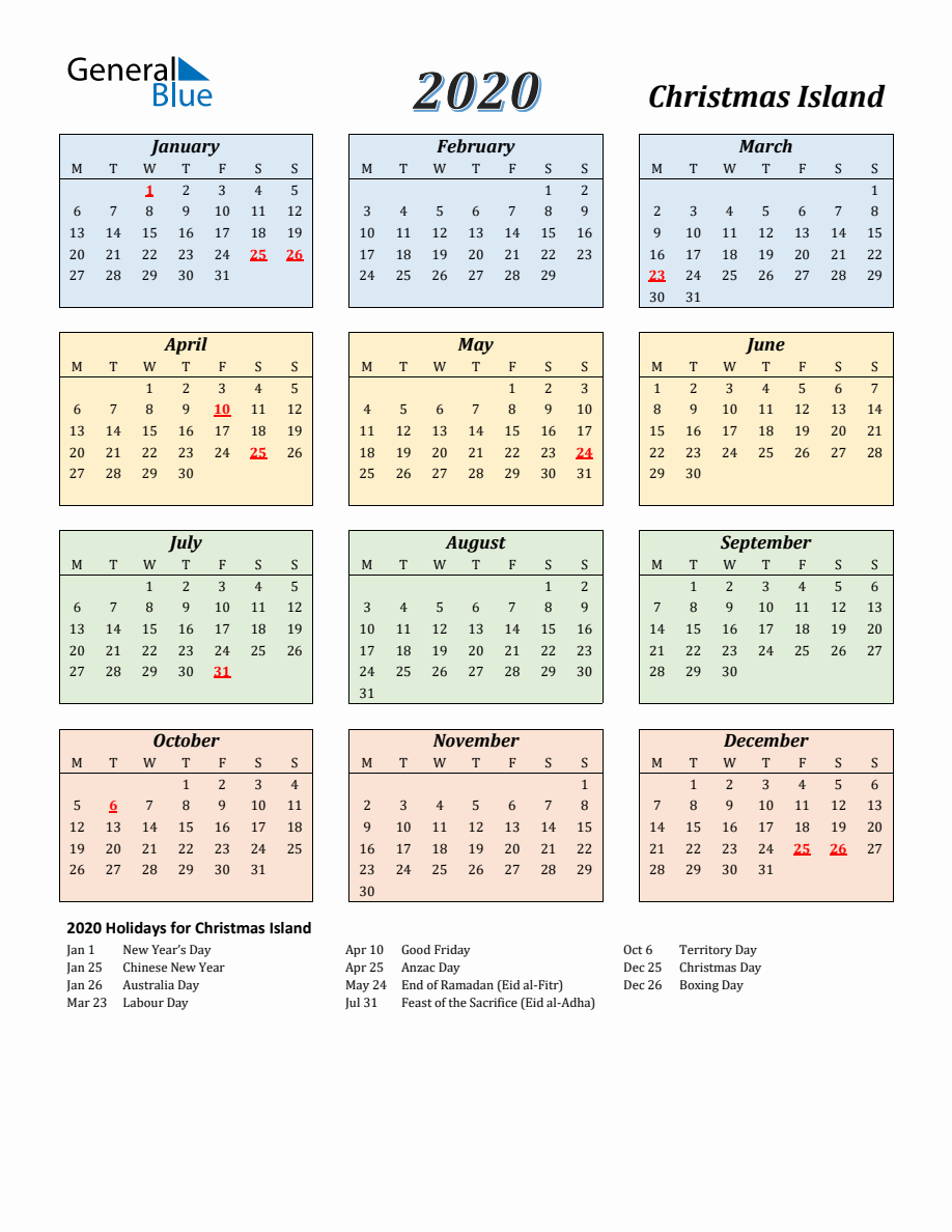 2020 Christmas Island Calendar with Monday Start