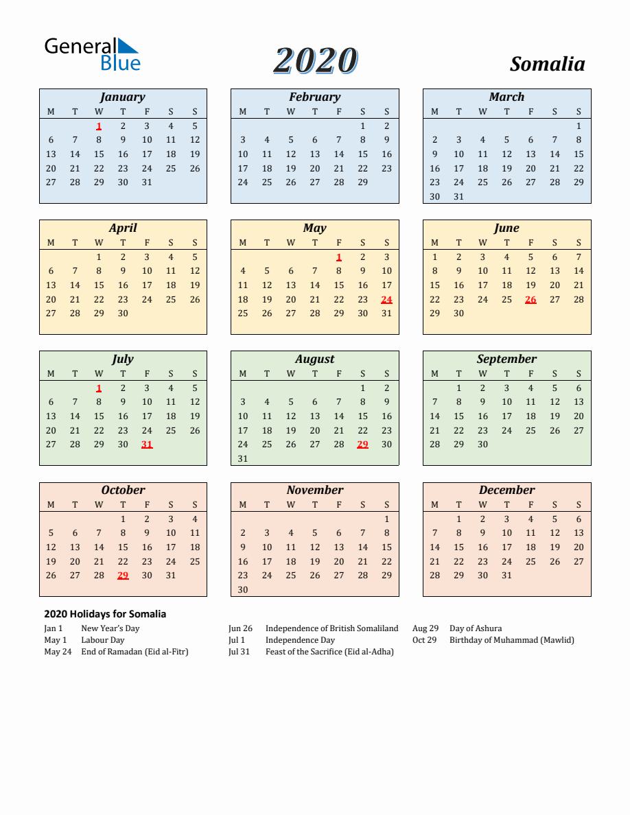 2020 Somalia Calendar with Monday Start