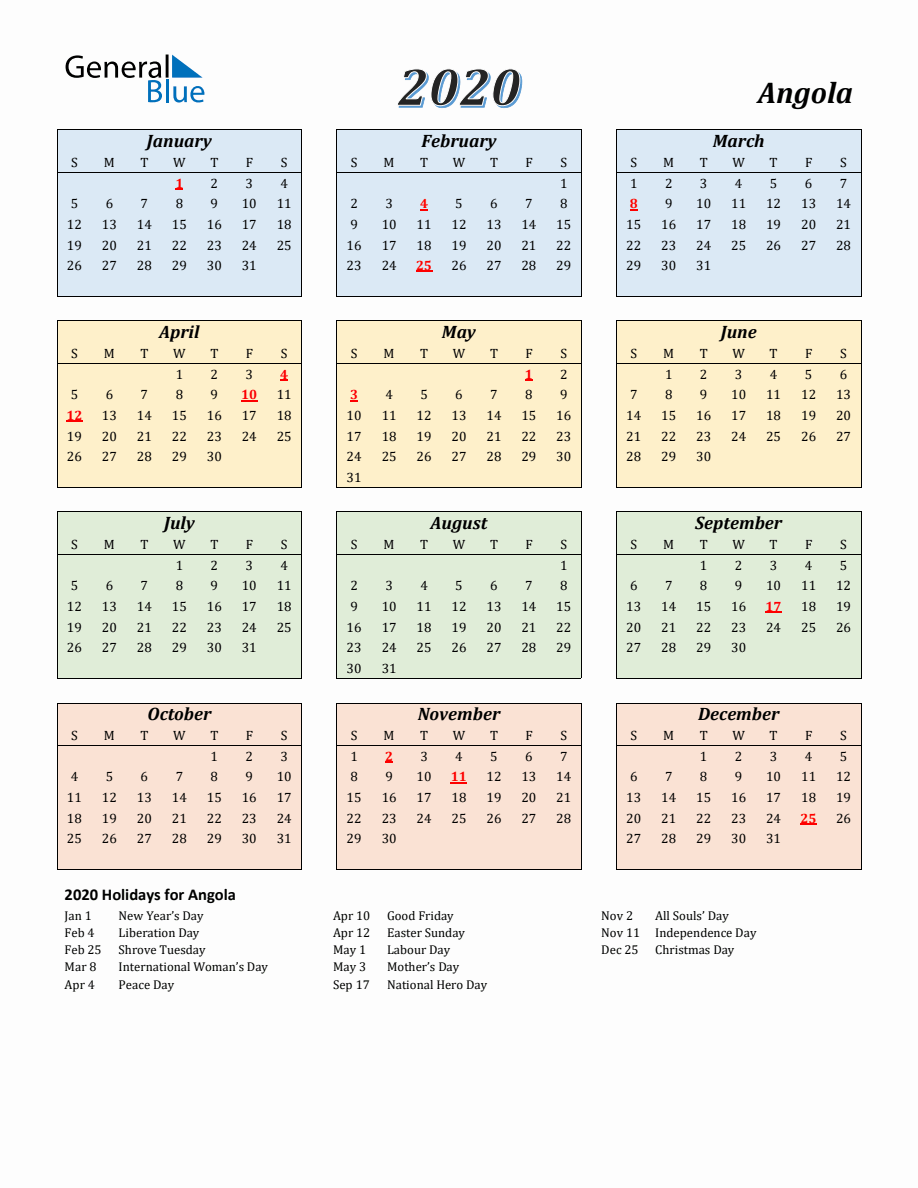 2020 Angola Calendar