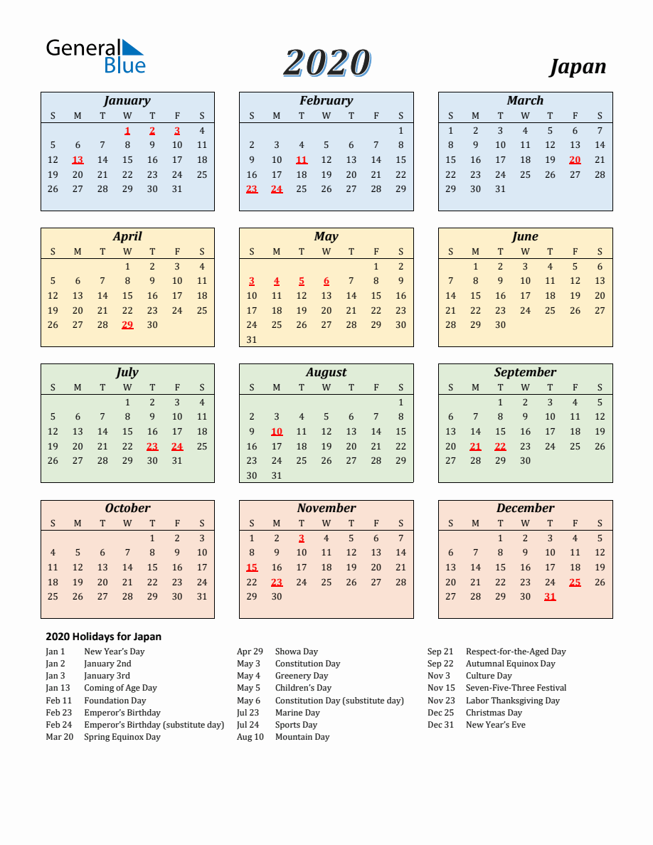 2020 Japan Calendar