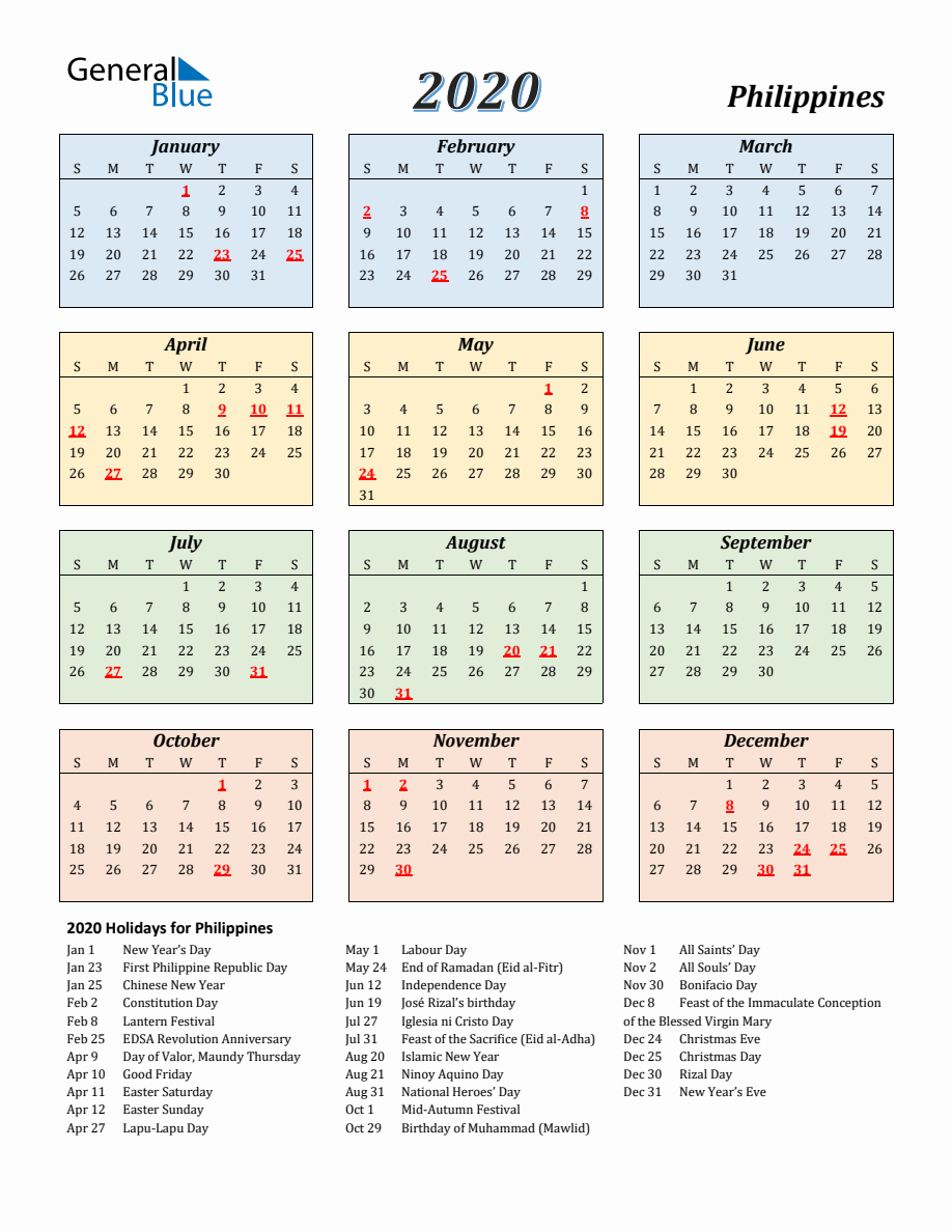 2020 Philippines Calendar