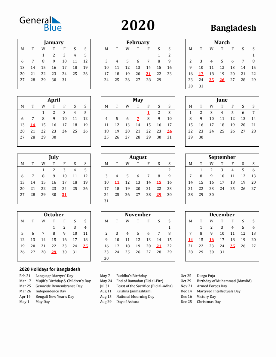 Free Printable 2020 Bangladesh Holiday Calendar - Monday Start
