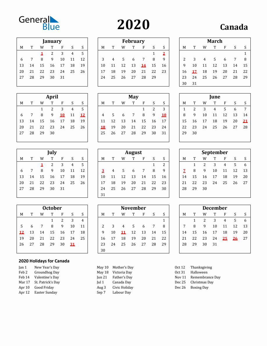 Free Printable 2020 Canada Holiday Calendar - Monday Start