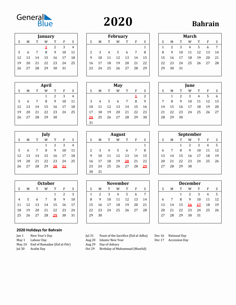 Free Printable 2020 Bahrain Holiday Calendar