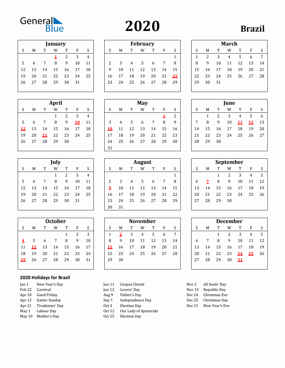 Free Printable 2020 Brazil Holiday Calendar