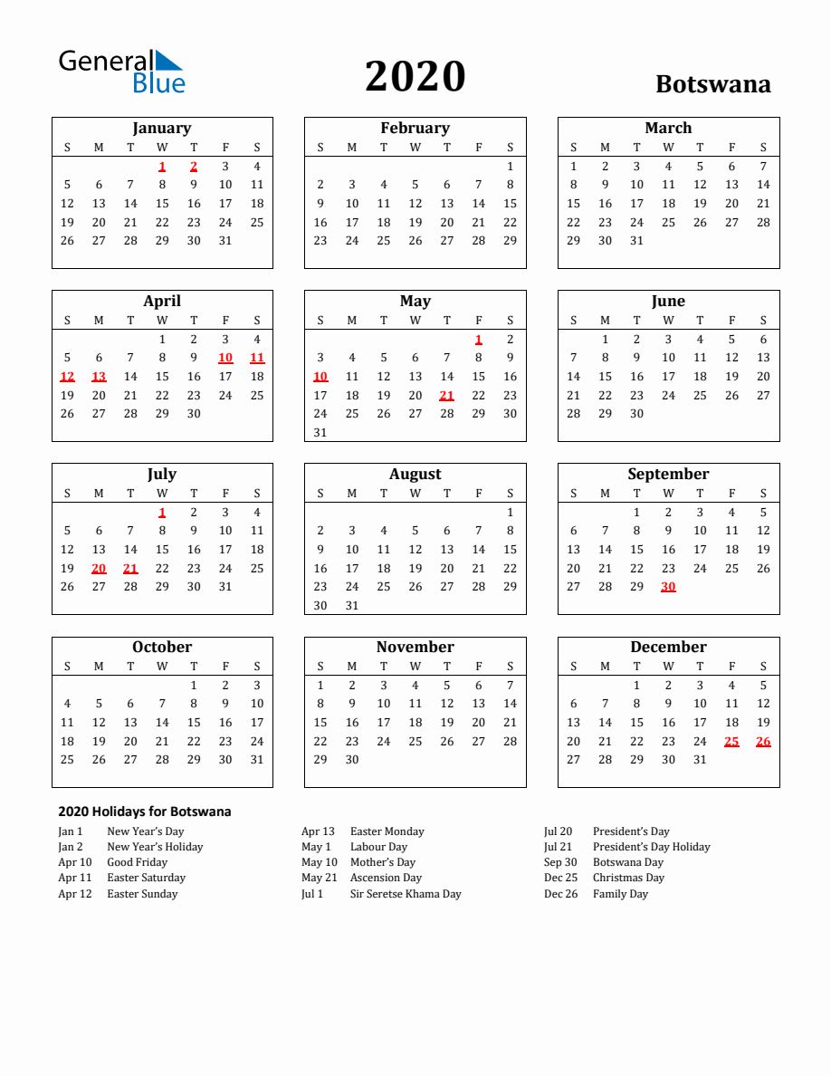 Free Printable 2020 Botswana Holiday Calendar