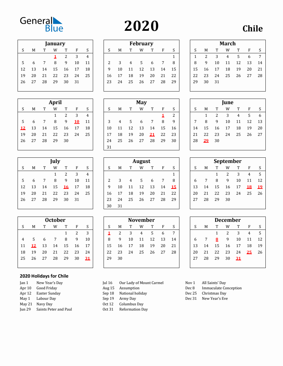Free Printable 2020 Chile Holiday Calendar