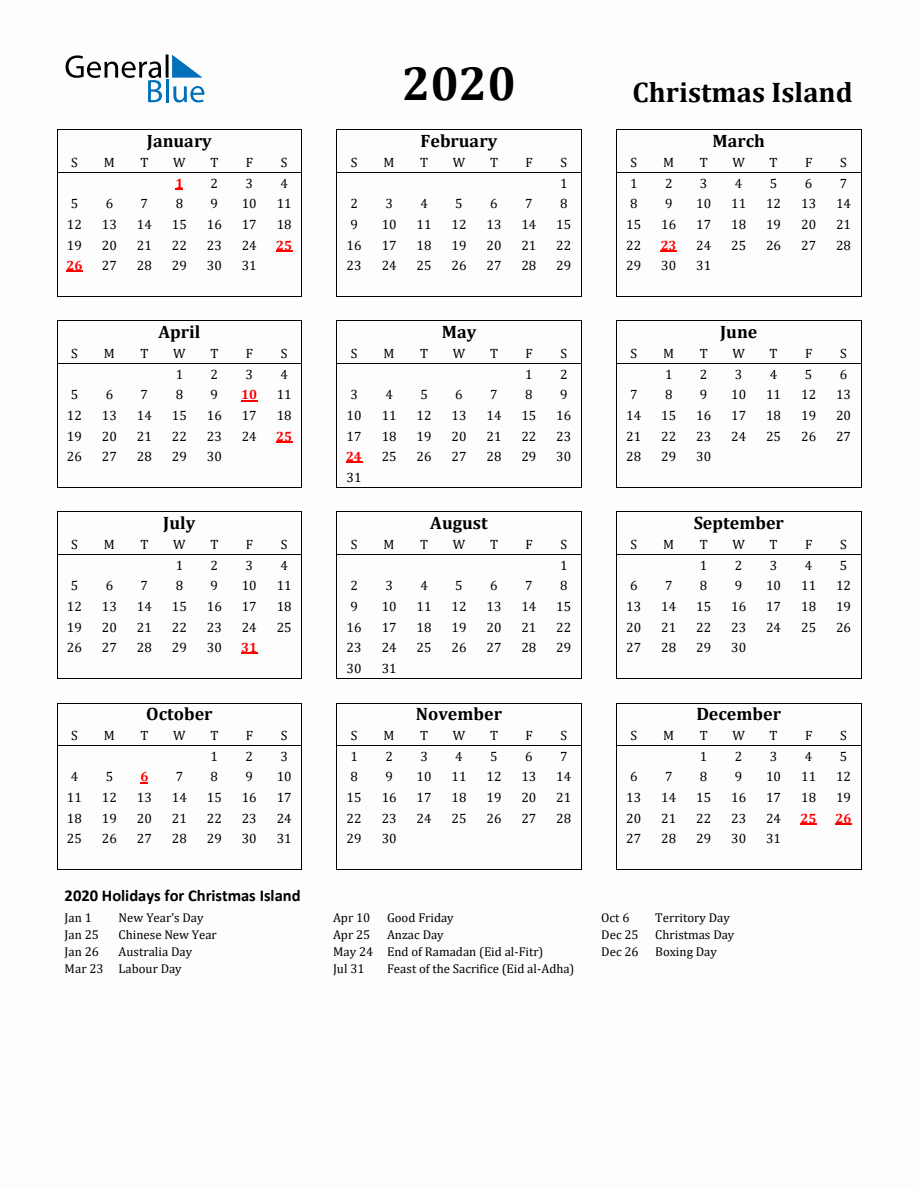 Free Printable 2020 Christmas Island Holiday Calendar