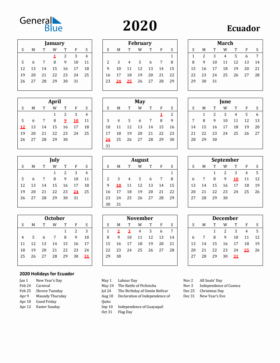 Free Printable 2020 Ecuador Holiday Calendar