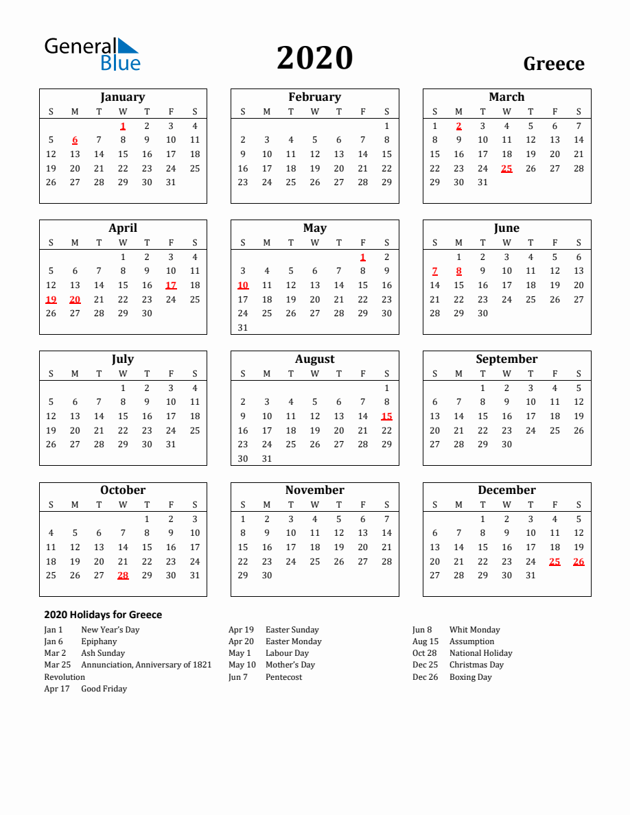 Free Printable 2020 Greece Holiday Calendar