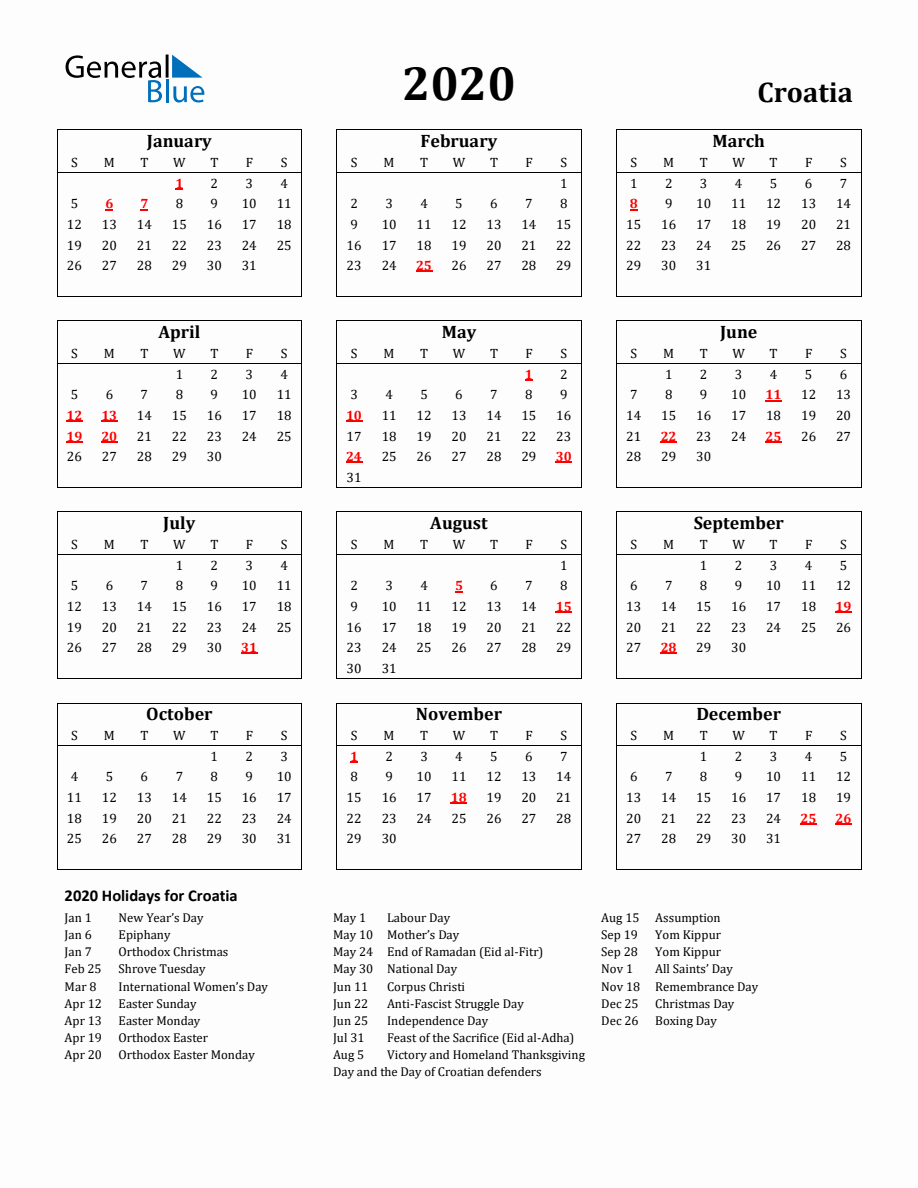 Free Printable 2020 Croatia Holiday Calendar