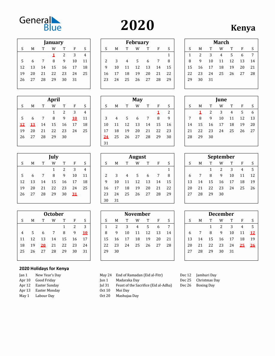 Free Printable 2020 Kenya Holiday Calendar