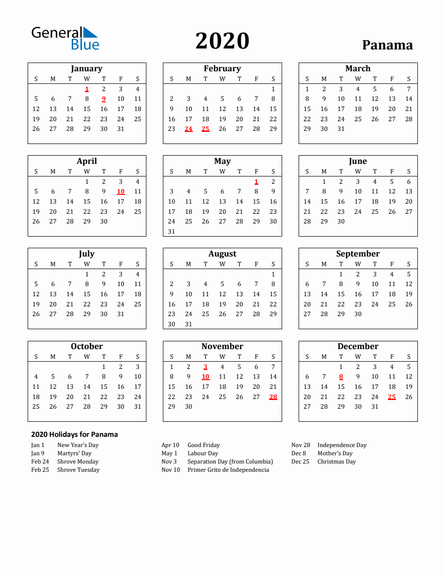 Free Printable 2020 Panama Holiday Calendar