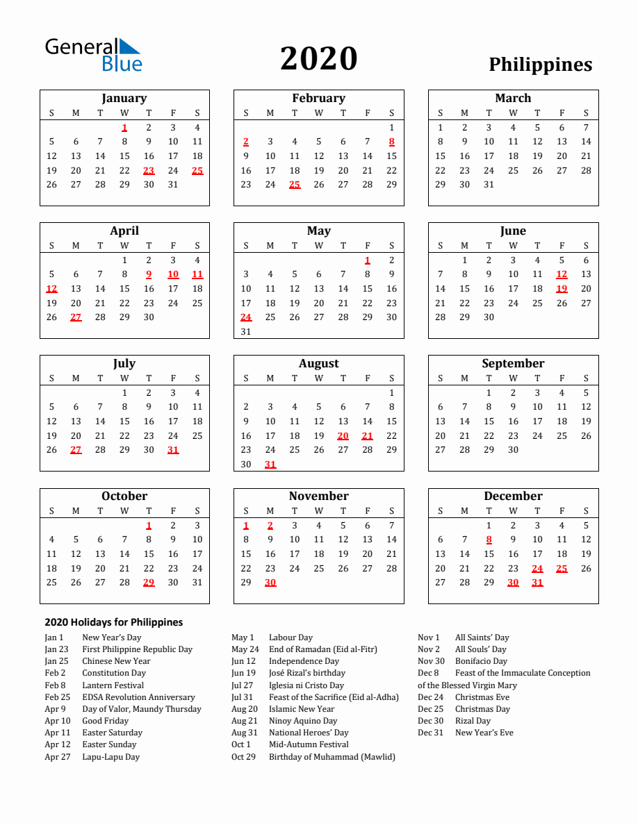 Free Printable 2020 Philippines Holiday Calendar