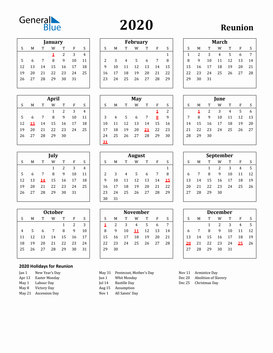 Free Printable 2020 Reunion Holiday Calendar