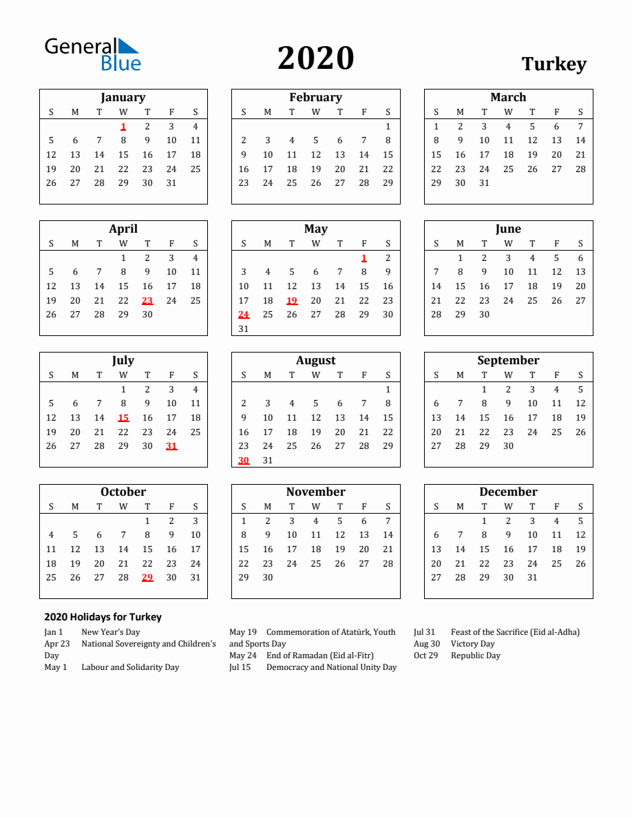 Free Printable 2020 Turkey Holiday Calendar