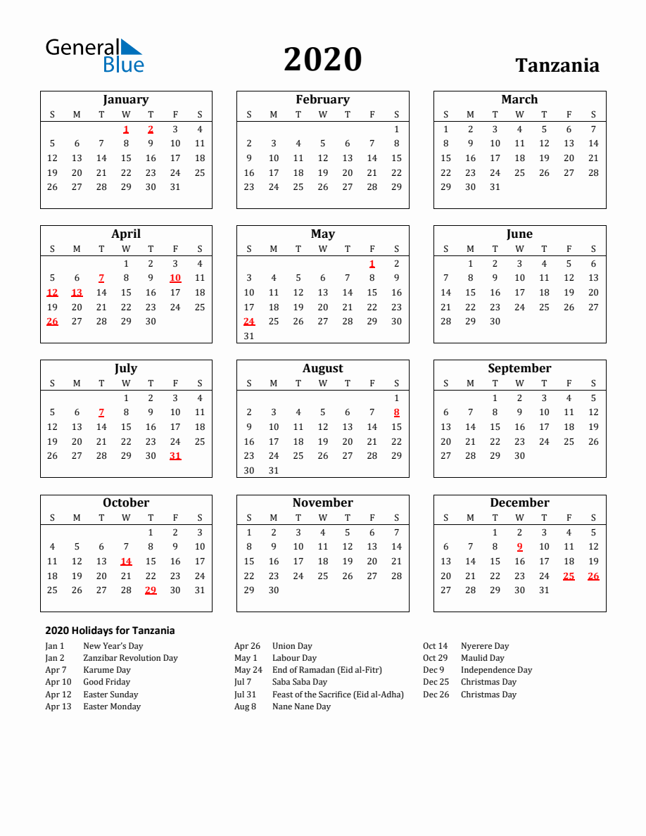 Free Printable 2020 Tanzania Holiday Calendar
