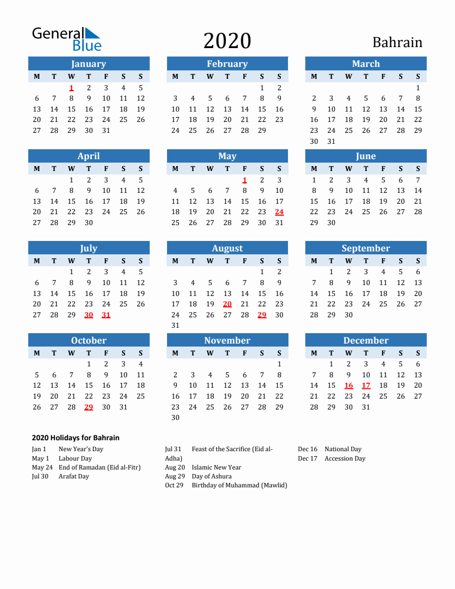 2020 Printable Calendar with Bahrain Holidays - Monday Start