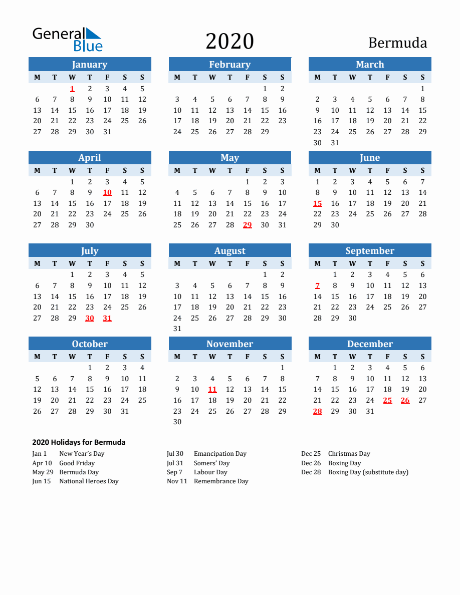 2020 Printable Calendar with Bermuda Holidays - Monday Start