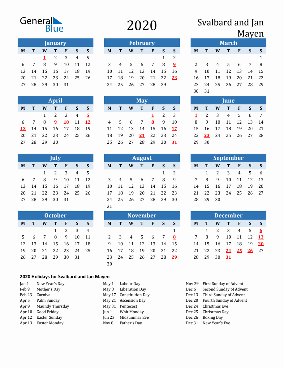 2020 Printable Calendar with Svalbard and Jan Mayen Holidays - Monday Start