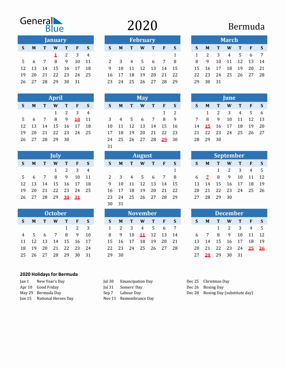 2020 Printable Calendar with Bermuda Holidays