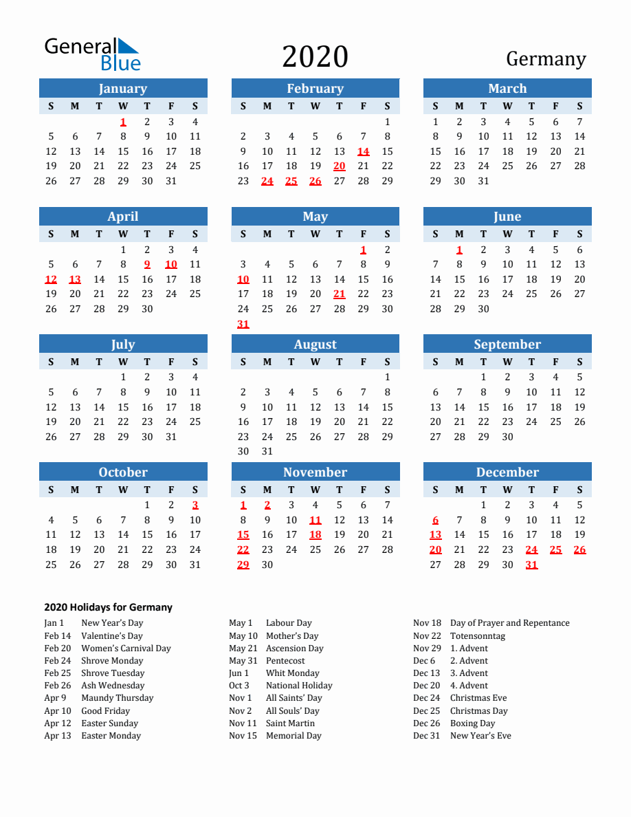 2020 Printable Calendar with Germany Holidays