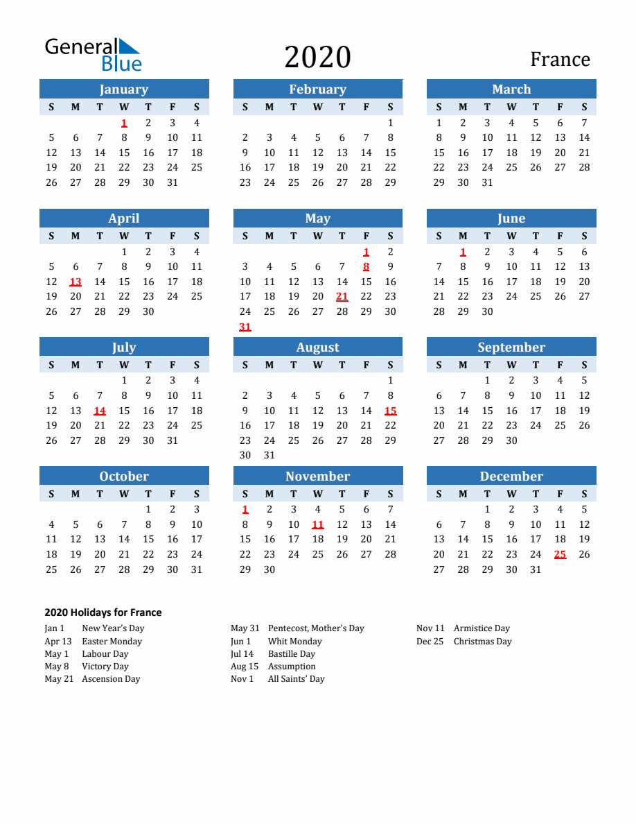 2020 Printable Calendar with France Holidays